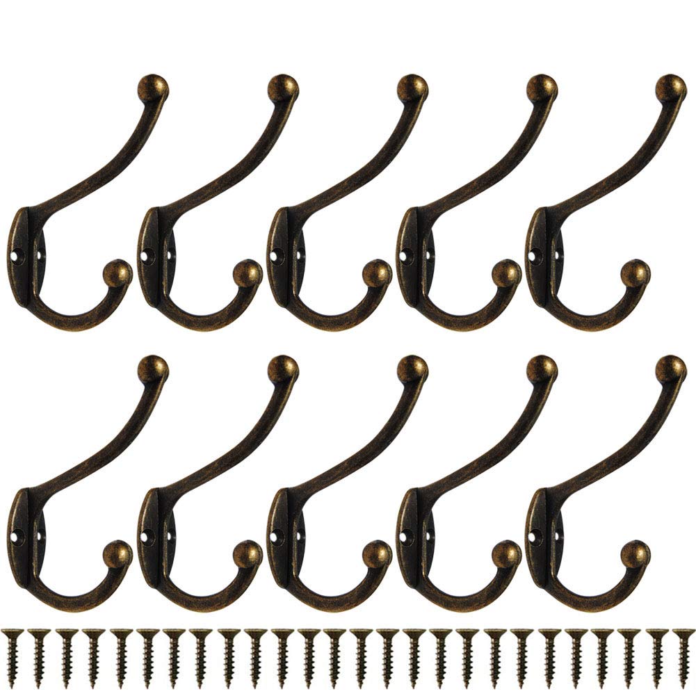 Heavy Duty Coat Hooks 10 Pack Wall Mounted Hooks Metal Hooks Dual Robe Hook Rustic Hooks Heavy Duty Dual Retro Double Hooks Coat Hanger and Screws for Coat/Backpack/Bag/Towel/Key/Cap