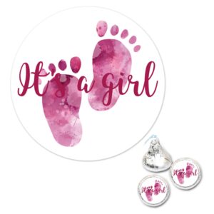 180 chocolate drop labels stickers- gender reveal footprints kisses labels for baby shower, it's a girl baby shower favor labels.