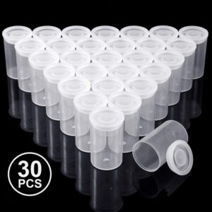 JOVITEC 30 Pieces Plastic Film Canister Holder, 35 mm Empty Camera Reel Containers, Storage Containers Case with Lids for Storing Small Accessories, Film, Keys, Coins, Art Beads (Transparent)