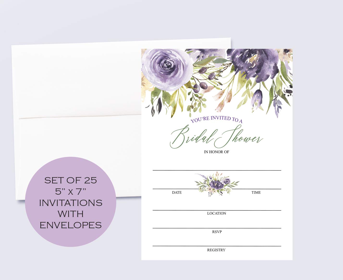 Moonrise Papery Set of 25 Purple Bridal Shower Invitations with Envelopes — Fill-in Style Invites with Envelopes