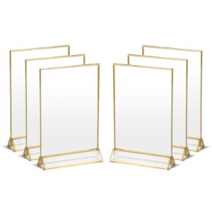 UNIQOOO Acrylic Sign Holders with Golden Border, Portrait View, Pack of 6 | 4x6 Inches Double Sided Clear Frame, Perfect for Wedding reception, Centerpiece, Decoration, Party,Anniversary, Event