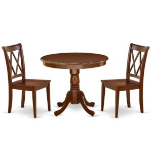 east west furniture ancl3-mah-w 3 piece dinette set for small spaces contains a round dining room table with pedestal and 2 kitchen dining chairs, 36x36 inch, mahogany