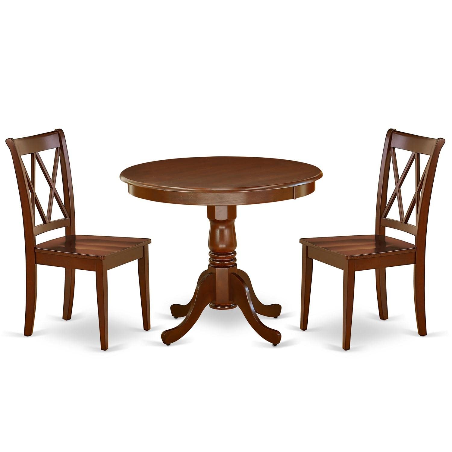 East West Furniture ANCL3-MAH-W 3 Piece Dinette Set for Small Spaces Contains a Round Dining Room Table with Pedestal and 2 Kitchen Dining Chairs, 36x36 Inch, Mahogany