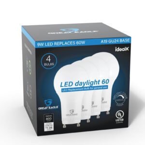 great eagle gu24 led bulb - a19 shape, 9w (60w equivalent), dimmable, 5000k daylight, ul listed, twist-in light bulb, 2 prong light bulbs (4-pack)