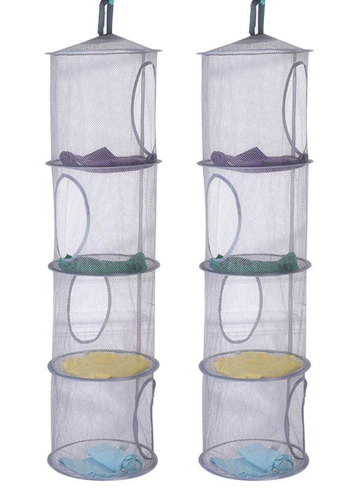 ChezMax Hanging Mesh Storage Organizer Foldable Space Saver Bags Toy Storage Basket for Kids Room Bathroom Wardrobe Wall Balcony 4 Compartments, 2 Pack Grey