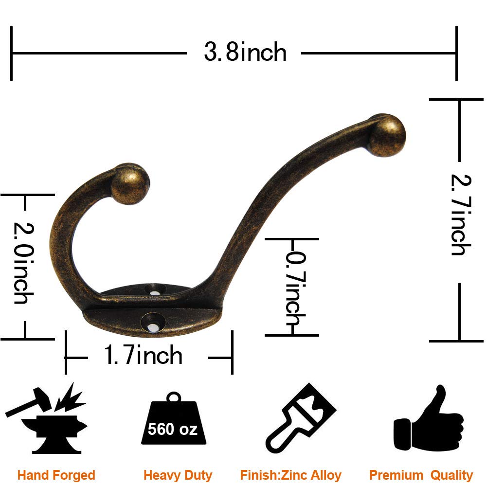 Heavy Duty Coat Hooks 10 Pack Wall Mounted Hooks Metal Hooks Dual Robe Hook Rustic Hooks Heavy Duty Dual Retro Double Hooks Coat Hanger and Screws for Coat/Backpack/Bag/Towel/Key/Cap