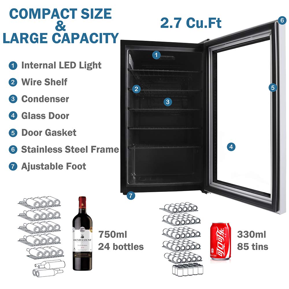 Northair 85 Can Beverage Refrigerator Cooler, Under Counter Wine Cellar with LCD Temperature Control, Double-layered Glass Door, Quiet Operation - perfect for home/business/dorm room