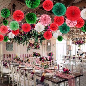 Hanging Party Decorations Set Tissue Paper Fan Paper Pom Poms Flowers and Honeycomb Ball for Christmas Wedding Engagement Graduation Party Decor Green Red Kit