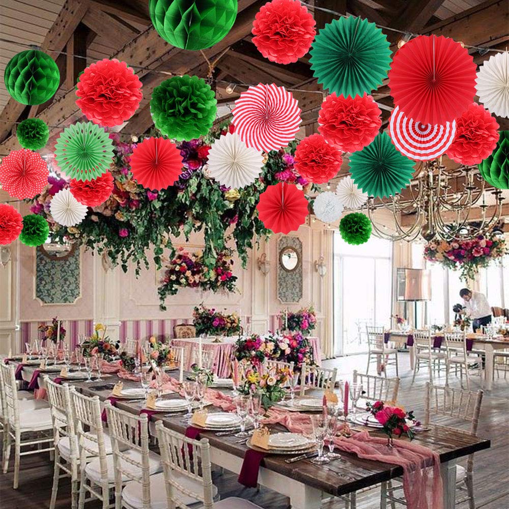 Hanging Party Decorations Set Tissue Paper Fan Paper Pom Poms Flowers and Honeycomb Ball for Christmas Wedding Engagement Graduation Party Decor Green Red Kit