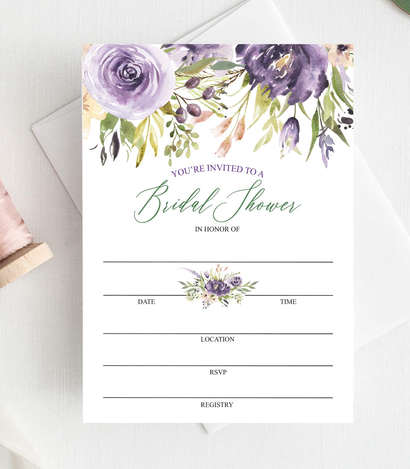 Moonrise Papery Set of 25 Purple Bridal Shower Invitations with Envelopes — Fill-in Style Invites with Envelopes