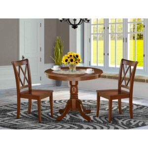 East West Furniture ANCL3-MAH-W 3 Piece Dinette Set for Small Spaces Contains a Round Dining Room Table with Pedestal and 2 Kitchen Dining Chairs, 36x36 Inch, Mahogany