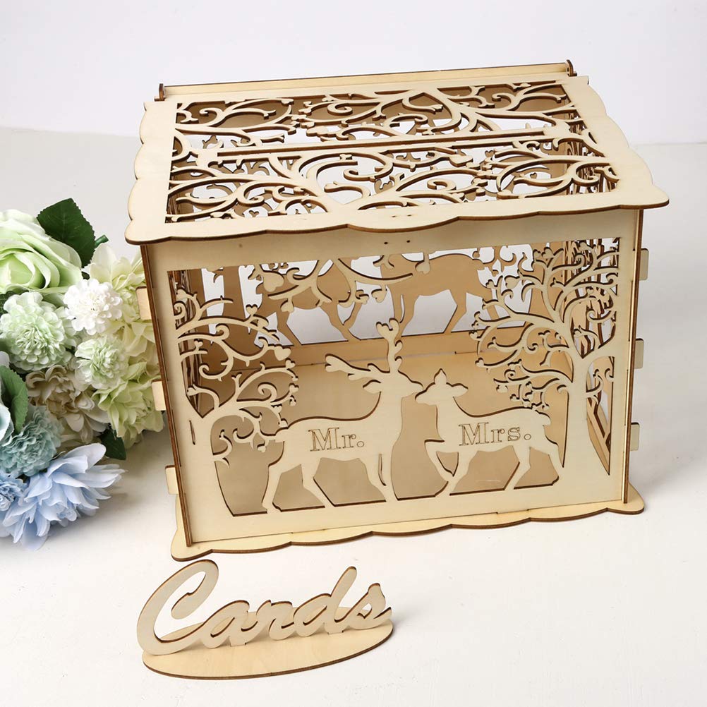 Amosfun Wooden Vinatge Wedding Card Box DIY Rustic Hollow Wedding Box with Lock Key and Rubber Card Box for Party Wedding Decorations for Reception(1 Key 12 Rubber Rings, Large Size)