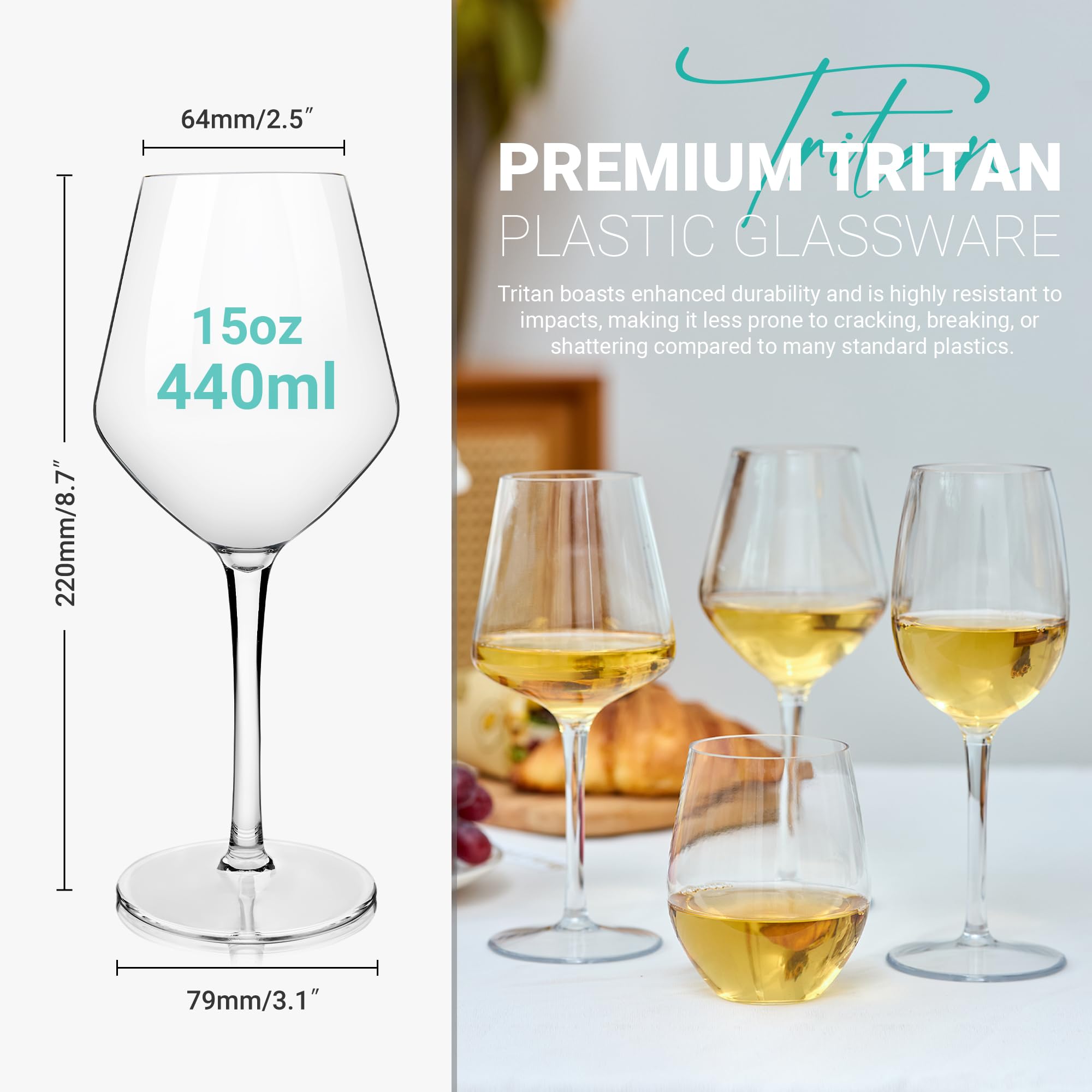 MICHLEY Unbreakable Stemmed Wine Glass 100% Tritan Plastic Dishwasher available Glassware 15 oz, Set of 6