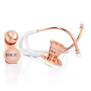 mdf instruments, procardial core™ cardiology stainless steel dual head adult-pediatric stethoscope with adult cardiology bell convertible attachment - free-parts-for-life (mdf797dd) (rose gold/white)