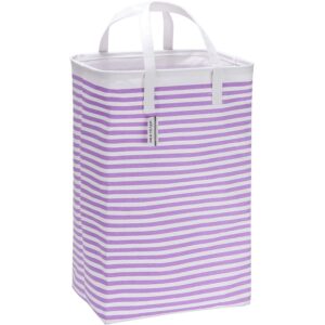 sea team 23.6" large size canvas fabric laundry hamper collapsible rectangular storage basket with waterproof coating inner and handles, purple & white stripe