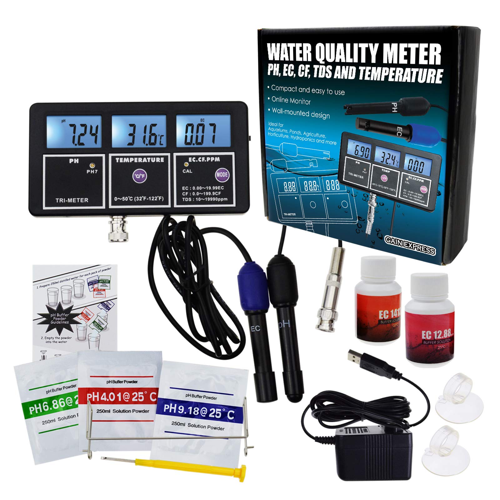 5-in-1 Water Quality Multi-Parameter PH EC CF TDS (ppm) Temperature Test Meter Backlight, Wall-mountable Rechargeable Continuous Monitor Tester, Aquariums Hydroponics Pool Fish Tank Pond Drinking