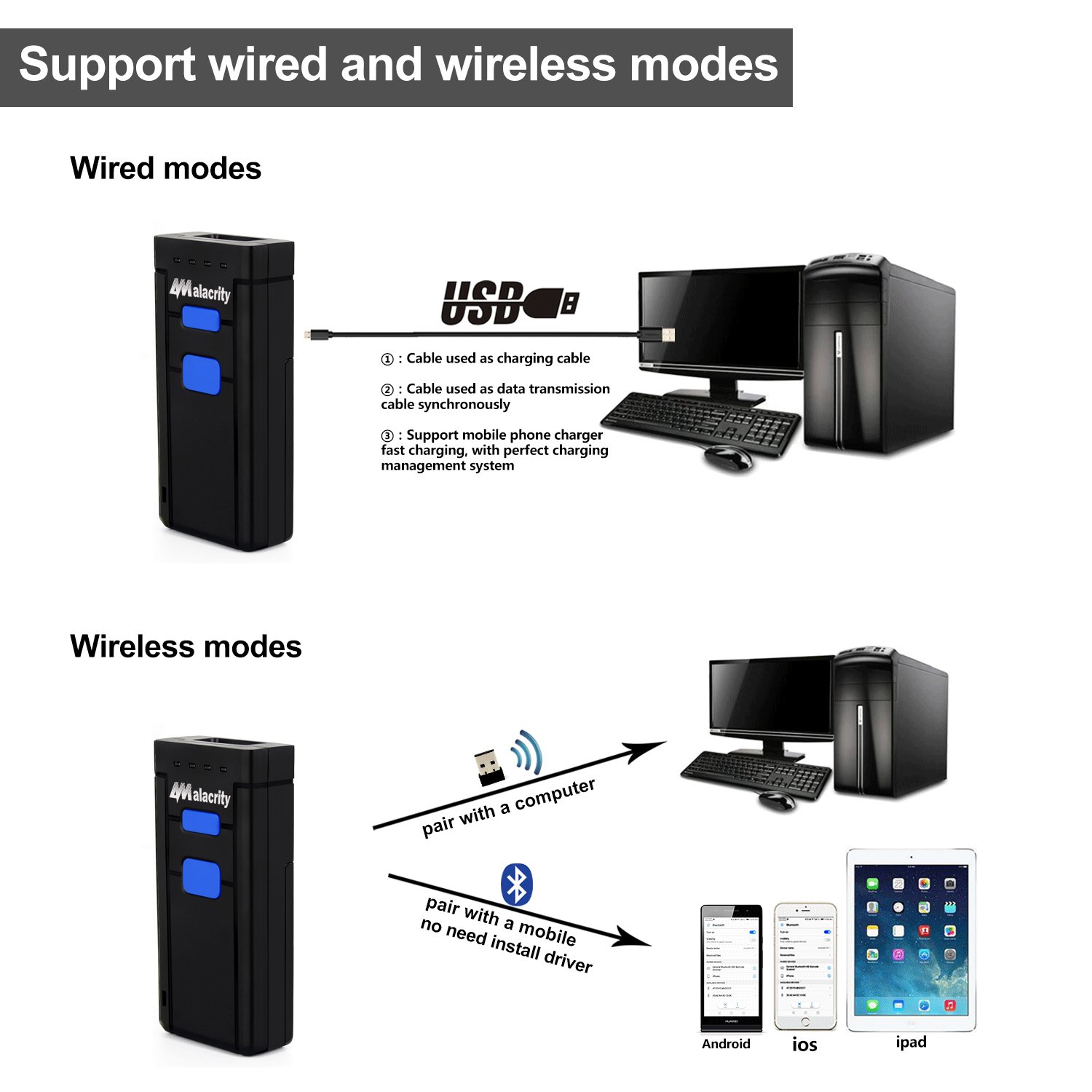 Wireless Bluetooth Mini 1D Laser Barcode Scanner,Alacrity USB Portable Compatible with Bluetooth Function & 2.4GHz Wireless & Wired Connection Barcode Reader Scanner