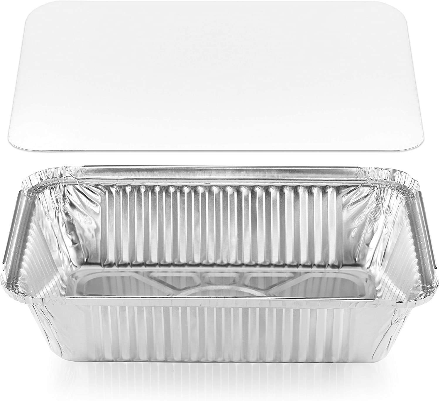 DecorRack 14 Aluminum Pan Disposable with Flat Board Lids, 2.25 Lb Heavy Duty Rectangular Tin Foil Pans, Perfect for Reheating Leftover Food, Baking, Roasting, Meal Prep, to-Go Containers (14 Pack)