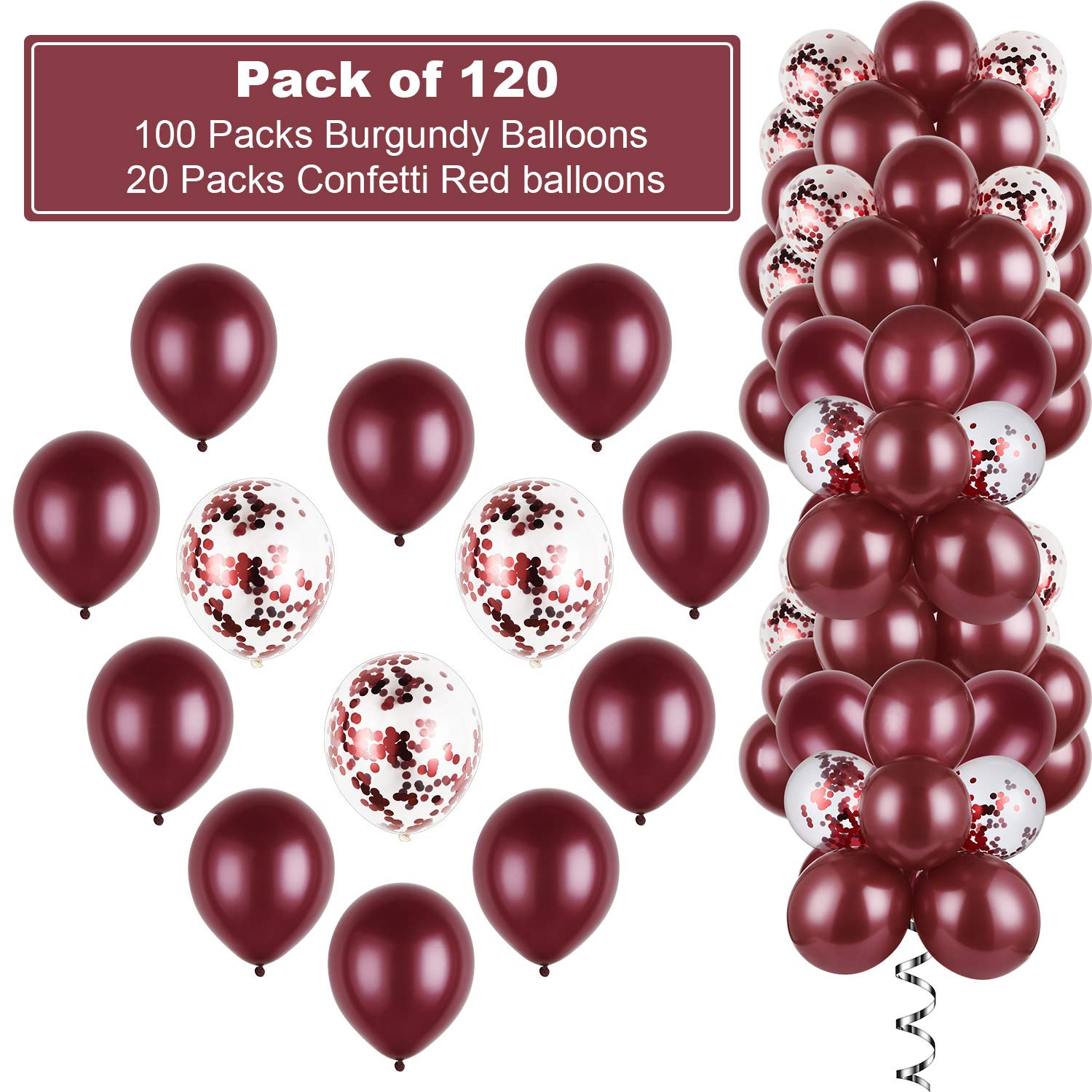 Boao 120 Pcs Burgundy Balloons Kit Latex Burgundy Balloons 12 Inches Garland Glitter Confetti Wine Red Maroon Balloons for Wedding Bridal Baby Shower Birthday Party Anniversary Decoration