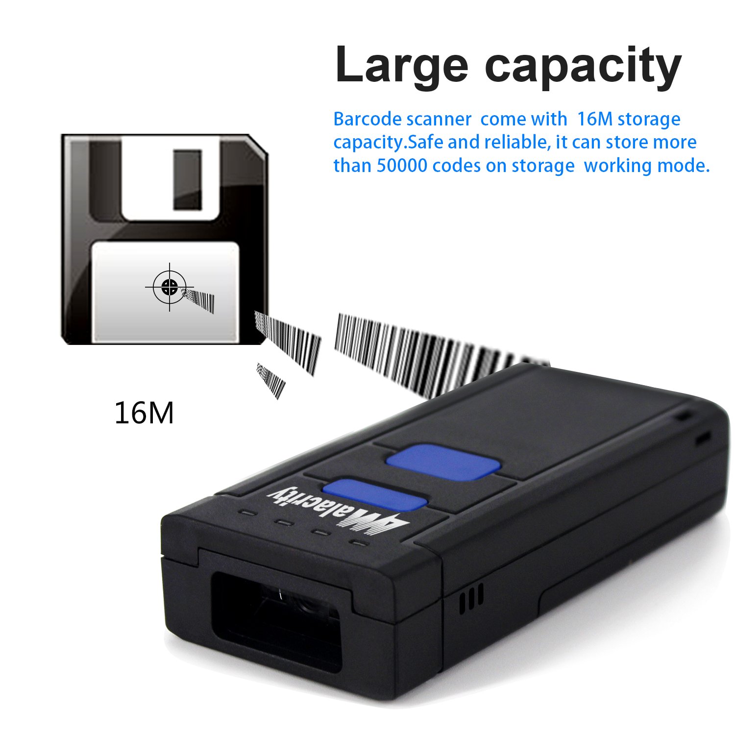 Wireless Bluetooth Mini 1D Laser Barcode Scanner,Alacrity USB Portable Compatible with Bluetooth Function & 2.4GHz Wireless & Wired Connection Barcode Reader Scanner