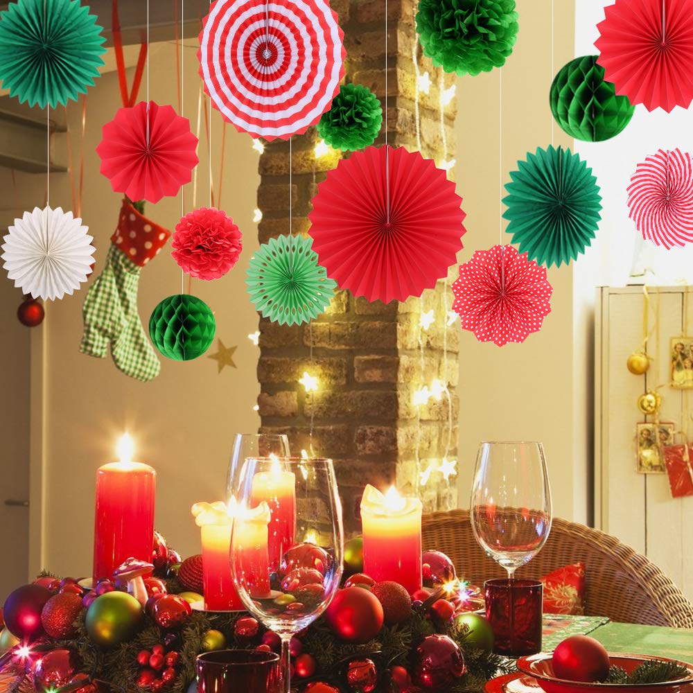 Hanging Party Decorations Set Tissue Paper Fan Paper Pom Poms Flowers and Honeycomb Ball for Christmas Wedding Engagement Graduation Party Decor Green Red Kit