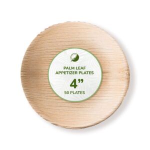 the clear conscience tcc - palm leaf appetizer plates, 4" round, 50 pcs, bamboo & wood style, biodegradable, single use, disposable, usable for hot dishes