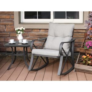 COSIEST 3 Piece Bistro Set Patio Rocking Chairs Outdoor Furniture w Warm Gray Cushions, Glass-Top Table for Garden, Pool, Backyard