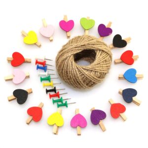 ruiling photo craft decoration clips set - 50pcs colorful mini heart love wooden clothespin + 10pcs thumbtack + 1 roll hemp rope