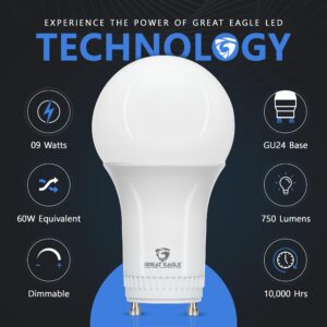 Great Eagle GU24 Led Bulb - A19 Shape, 9W (60W Equivalent), Dimmable, 5000K Daylight, UL Listed, Twist-in Light Bulb, 2 Prong Light Bulbs (4-Pack)