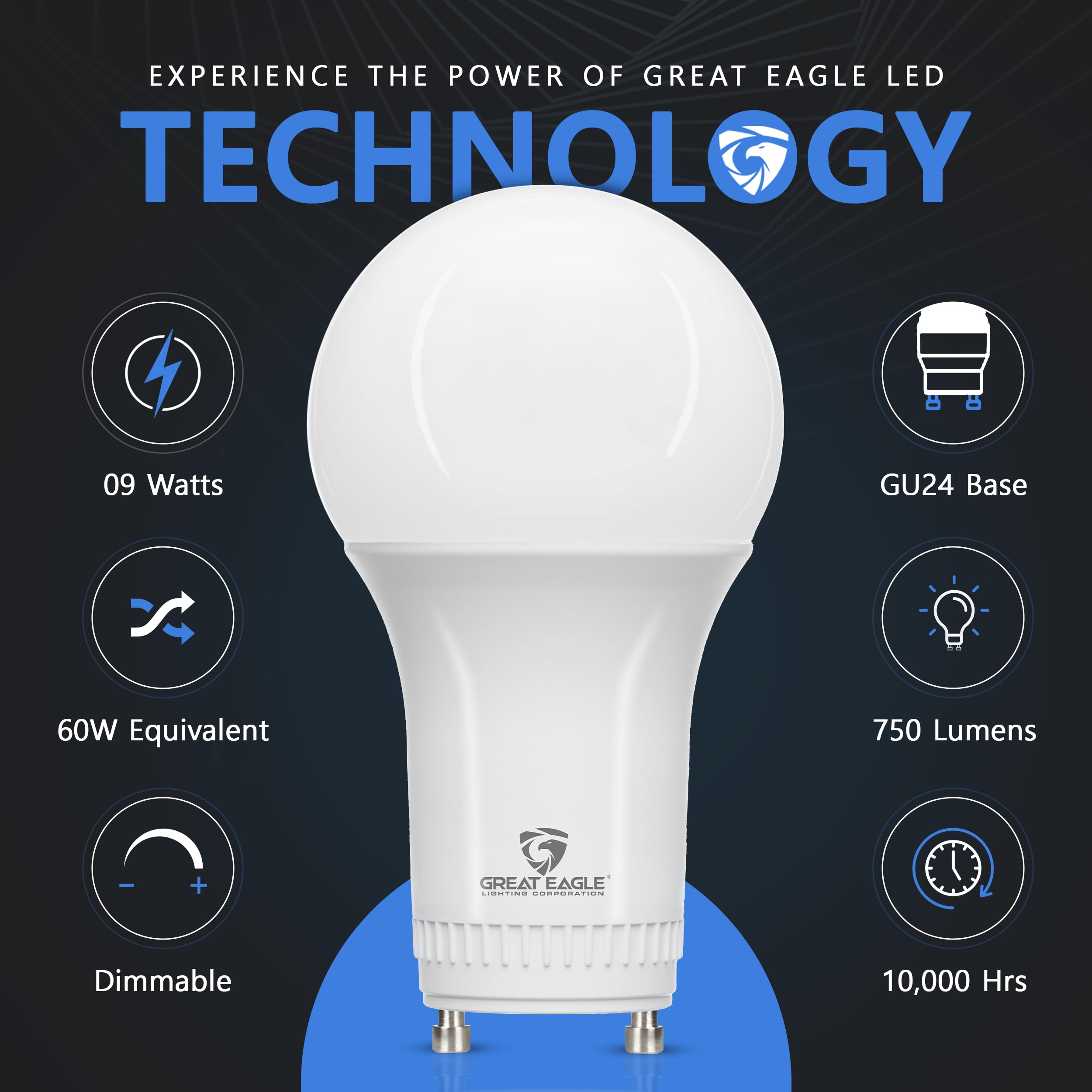 Great Eagle GU24 Led Bulb - A19 Shape, 9W (60W Equivalent), Dimmable, 5000K Daylight, UL Listed, Twist-in Light Bulb, 2 Prong Light Bulbs (4-Pack)