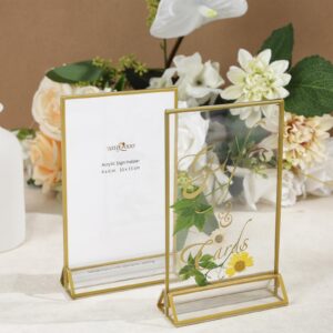 UNIQOOO Acrylic Sign Holders with Golden Border, Portrait View, Pack of 6 | 4x6 Inches Double Sided Clear Frame, Perfect for Wedding reception, Centerpiece, Decoration, Party,Anniversary, Event