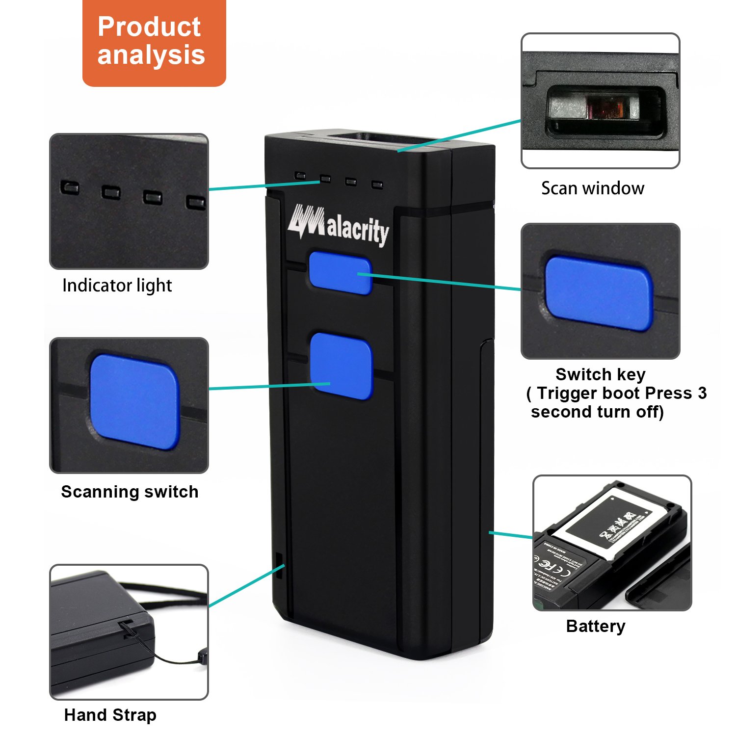 Wireless Bluetooth Mini 1D Laser Barcode Scanner,Alacrity USB Portable Compatible with Bluetooth Function & 2.4GHz Wireless & Wired Connection Barcode Reader Scanner