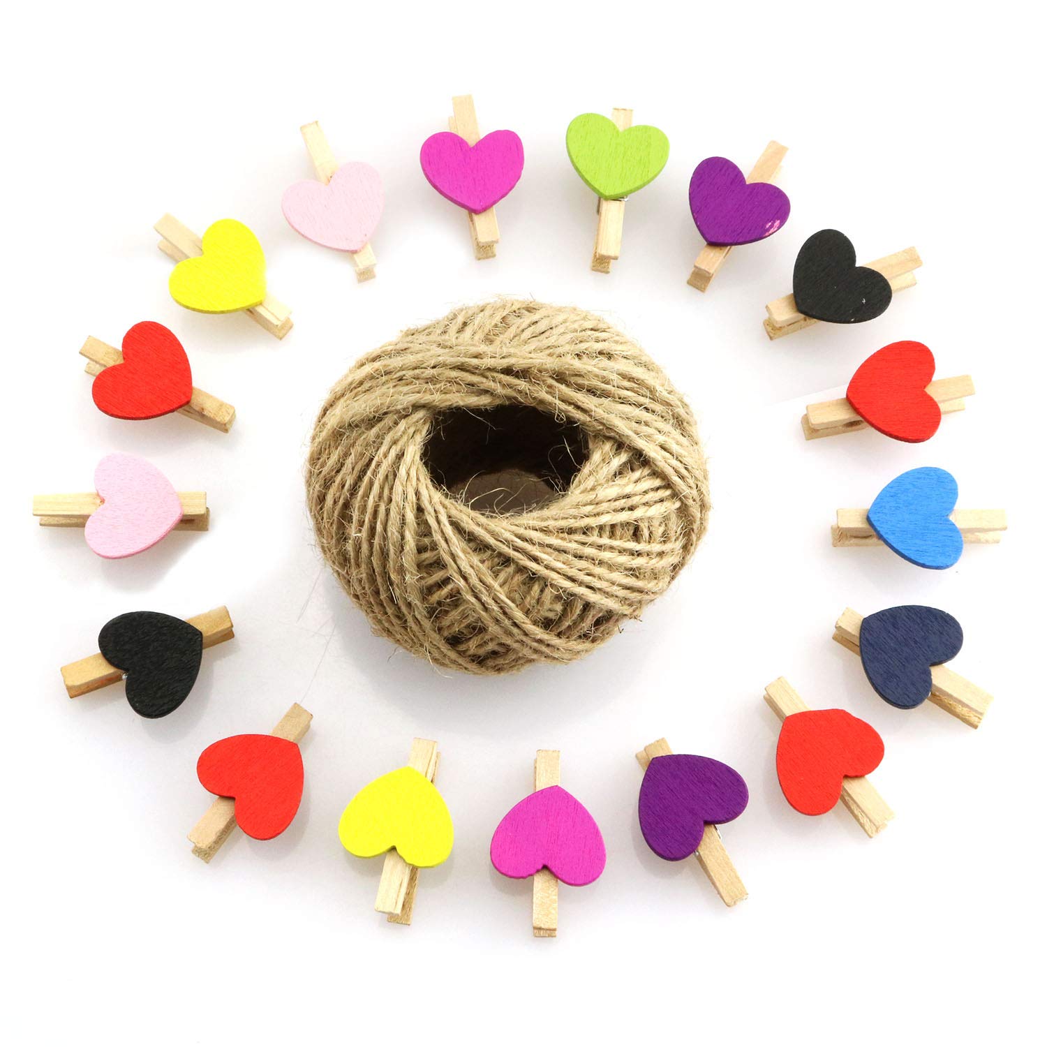 RuiLing Photo Craft Decoration Clips Set - 50pcs Colorful Mini Heart Love Wooden Clothespin + 10pcs Thumbtack + 1 Roll Hemp Rope