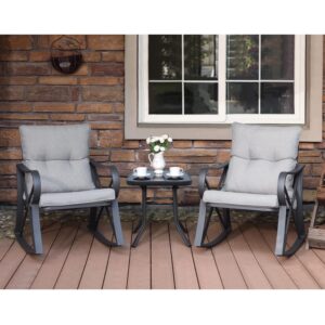 COSIEST 3 Piece Bistro Set Patio Rocking Chairs Outdoor Furniture w Warm Gray Cushions, Glass-Top Table for Garden, Pool, Backyard