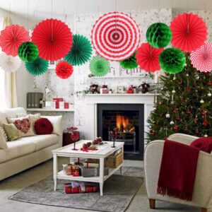 Hanging Party Decorations Set Tissue Paper Fan Paper Pom Poms Flowers and Honeycomb Ball for Christmas Wedding Engagement Graduation Party Decor Green Red Kit