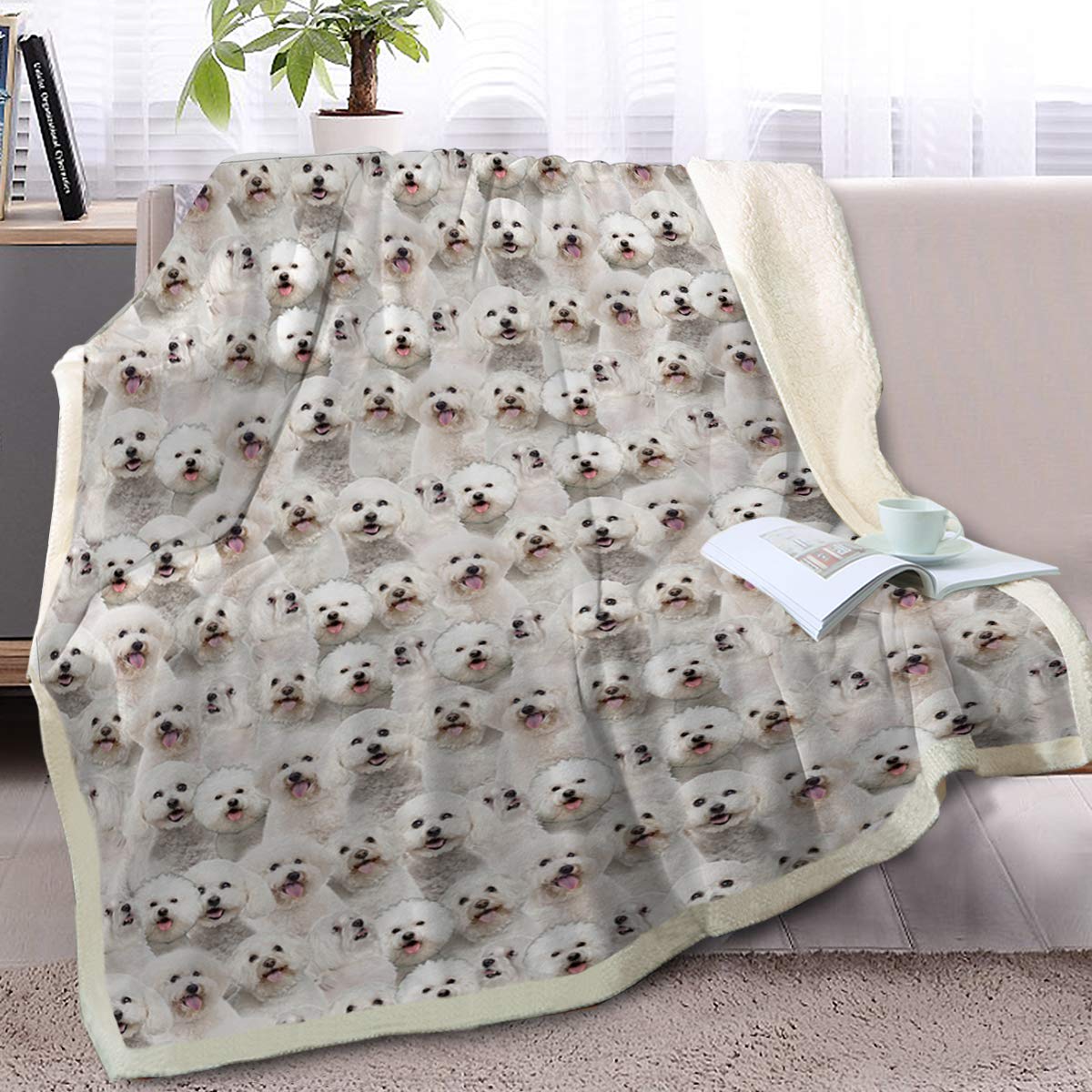 BlessLiving Bichon Frise Sherpa Fleece Throw Blanket 50" x 60" Soft Fluffy Warm Cozy Dogs Blanket for Couch Bed Sofa Chair Cute Puppy Fleece Blanket Reversible Animal Pattern Blankets Gifts for Teens