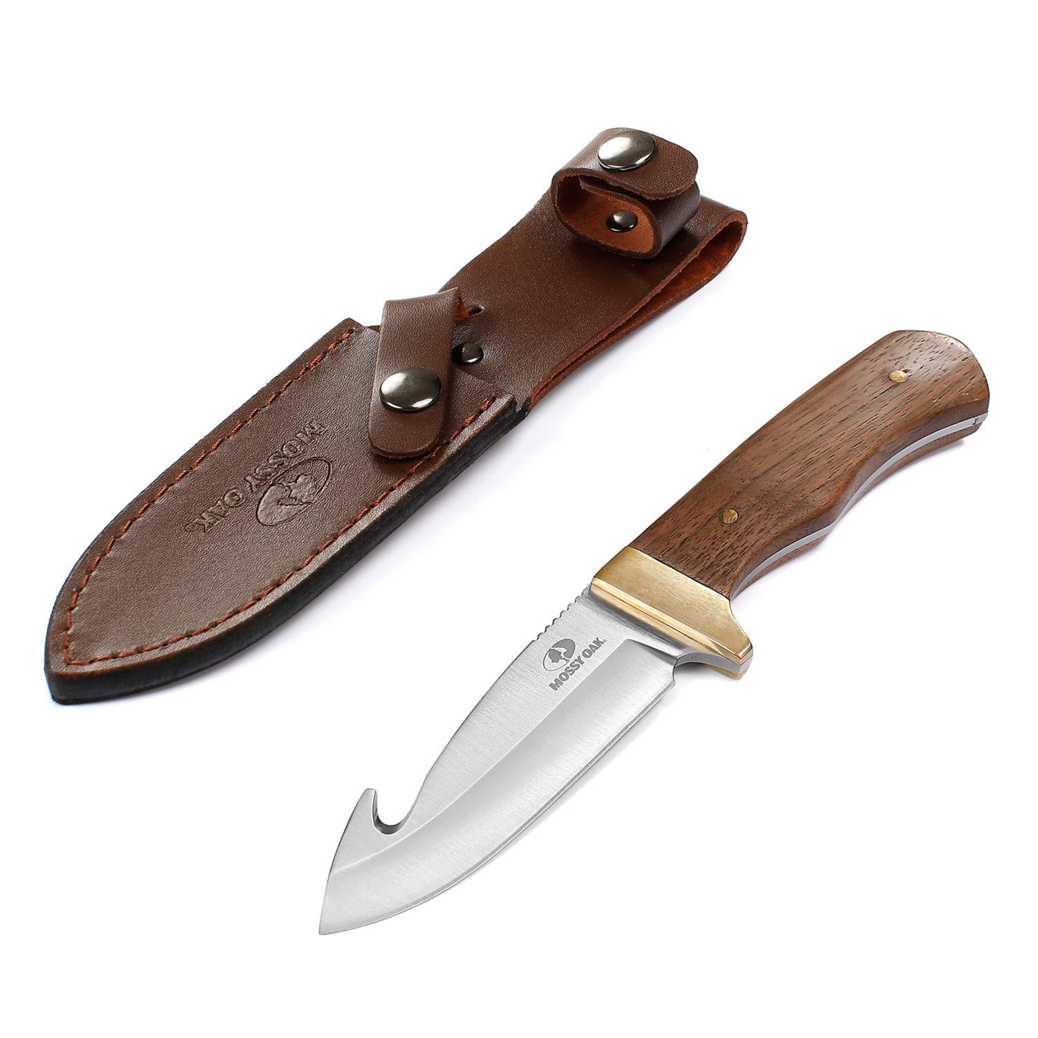 Mossy Oak Fixed Blade Gut Hook Knife, 9.5-inch Full Tang Field Processing Knife - Wooden Handle, Leather Sheath Included, for Skinning, Hunting, Outdoors