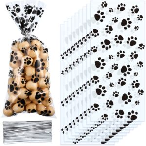 blulu 200 pcs pet paw print cellophane bags dog party favor bags heat sealable treat bags dog paw gift bags cat candy bags with 200 pieces silver twist ties for pet treat party favor (black)