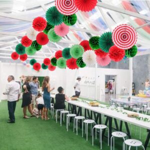 Hanging Party Decorations Set Tissue Paper Fan Paper Pom Poms Flowers and Honeycomb Ball for Christmas Wedding Engagement Graduation Party Decor Green Red Kit