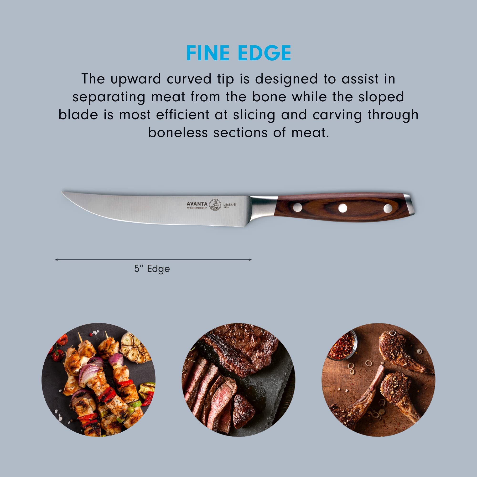 Messermeister Avanta 5” Fine Edge Steak Knife Set - Pack of 2 - German X50 Stainless Steel - Rust Resistant & Easy to Maintain - 8 Steak Knives Total