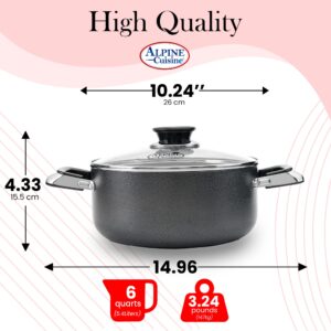 Alpine Cuisine 6 Quart Non-stick Stock Pot with Tempered Glass Lid and Carrying Handles, Multi-Purpose Cookware Aluminum Dutch Oven for Braising, Boiling, Stewing