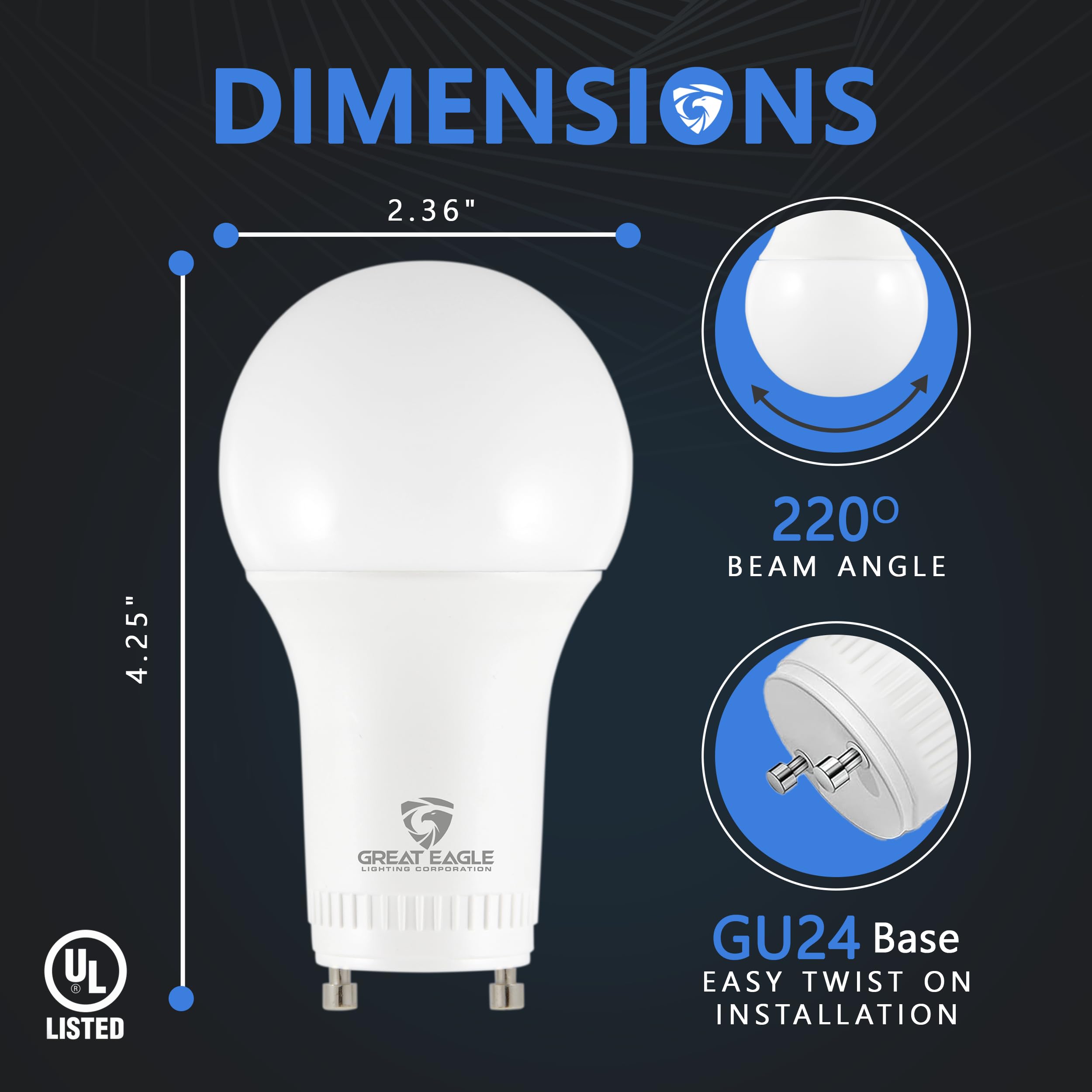 Great Eagle GU24 Led Bulb - A19 Shape, 9W (60W Equivalent), Dimmable, 5000K Daylight, UL Listed, Twist-in Light Bulb, 2 Prong Light Bulbs (4-Pack)