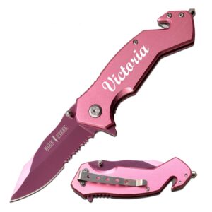 personalized laser engraved pocket knife, fathers day, groomsmen, graduation, gifts for men free engraving. camping pocket folding multitool kit with seatbelt cutter, color - pink