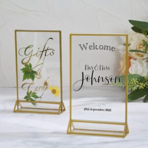 UNIQOOO Acrylic Sign Holders with Golden Border, Portrait View, Pack of 6 | 4x6 Inches Double Sided Clear Frame, Perfect for Wedding reception, Centerpiece, Decoration, Party,Anniversary, Event