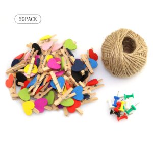 RuiLing Photo Craft Decoration Clips Set - 50pcs Colorful Mini Heart Love Wooden Clothespin + 10pcs Thumbtack + 1 Roll Hemp Rope