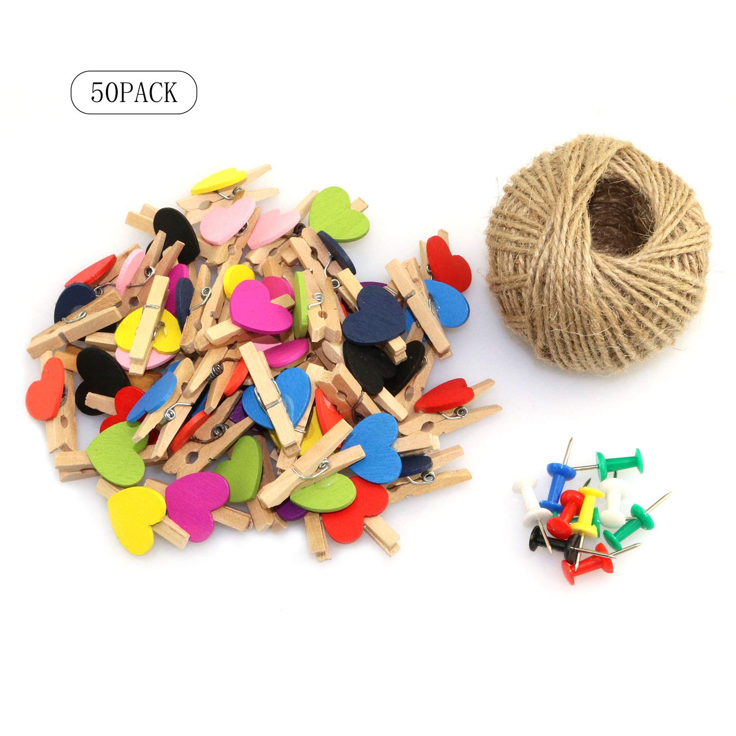 RuiLing Photo Craft Decoration Clips Set - 50pcs Colorful Mini Heart Love Wooden Clothespin + 10pcs Thumbtack + 1 Roll Hemp Rope