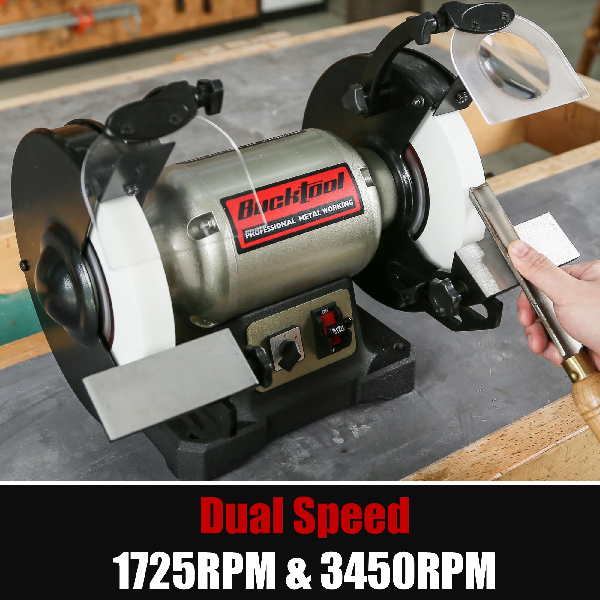 BUCKTOOL 8 inch Dual Speed Bench Grinder & Buffer, Professional Low High Speed Bench Grinder Buffer with Cast Iron Base TDS-200DS