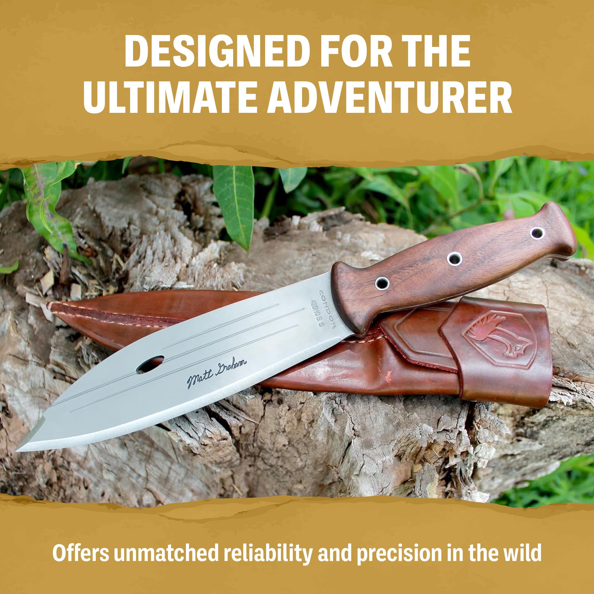 Condor Tool & Knife Cavelore Knife - Fixed Blade Knife with Leather Sheath - 1905 High Carbon Steel Bushcraft Knife with a Burnt American Hickory Handle - 4.3 in Blade - 7.8oz