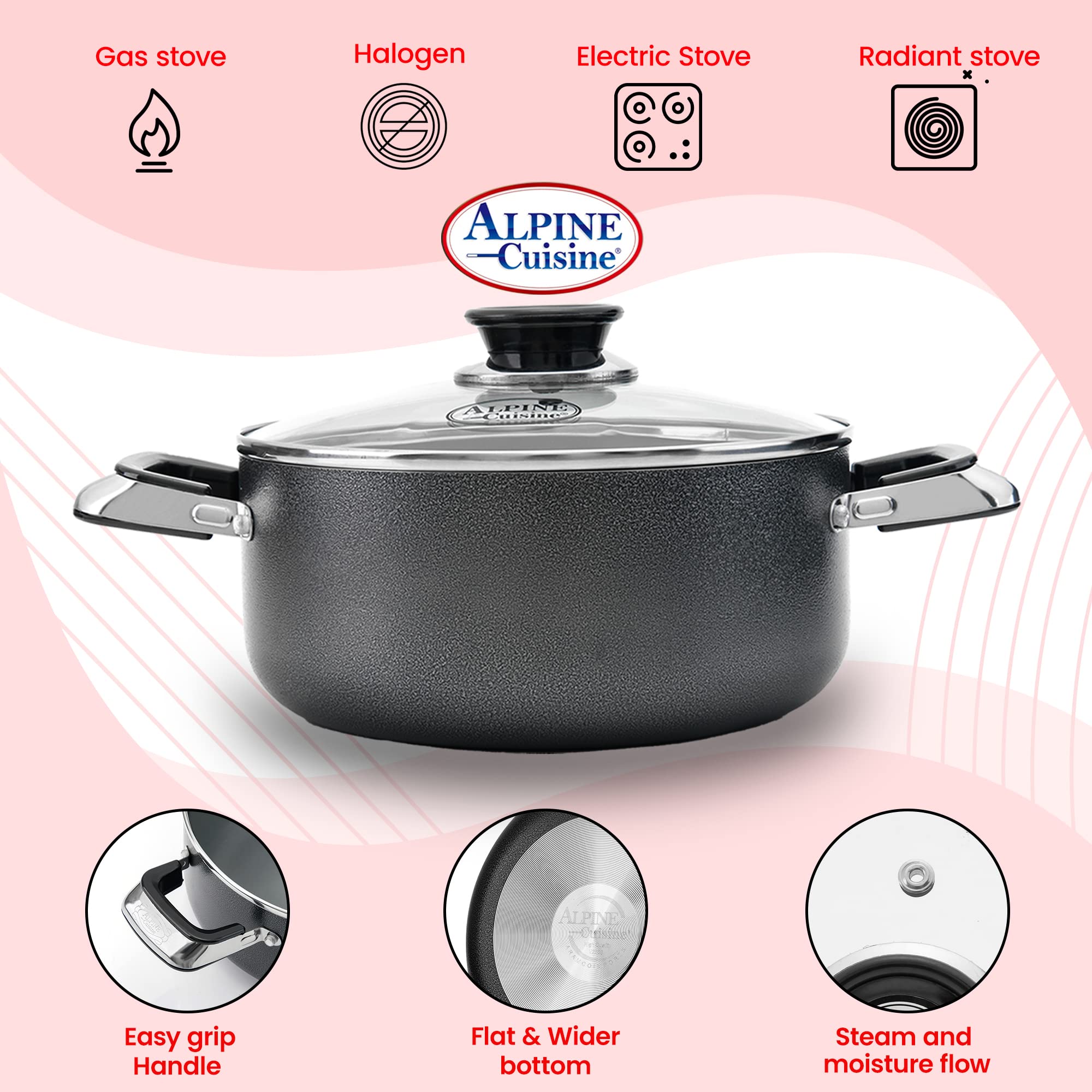 Alpine Cuisine 6 Quart Non-stick Stock Pot with Tempered Glass Lid and Carrying Handles, Multi-Purpose Cookware Aluminum Dutch Oven for Braising, Boiling, Stewing