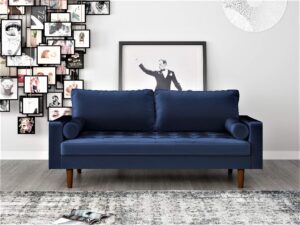 us pride furniture mid century modern velvet living room furniture with bolster pillows, button tufted seats, track arms and solid wood legs, sofa, blue